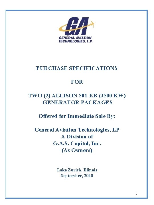 PURCHASE SPECIFICATIONS FOR TWO 2 ALLISON 501 KB