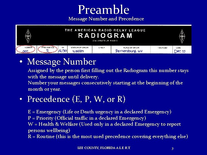 Radiograms and Traffic Handling LEE COUNTY FLORIDA A