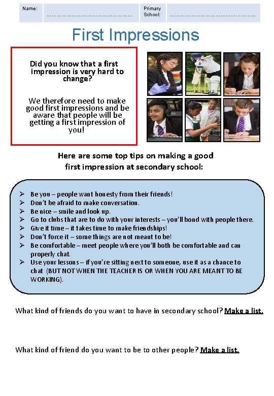 Name Primary School Tips and Advice Below are