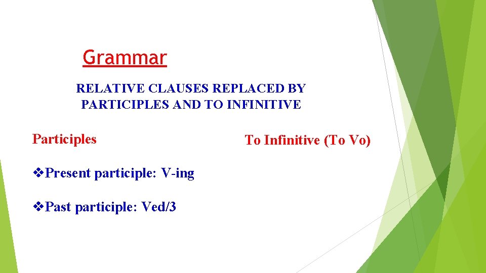 Grammar RELATIVE CLAUSES REPLACED BY PARTICIPLES AND TO