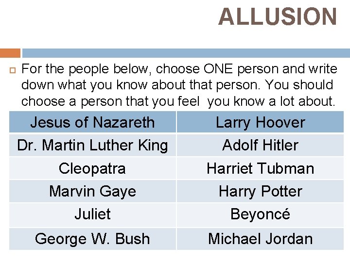 ALLUSION For the people below choose ONE person