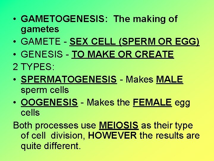 MEIOSIS GAMETE CELL DIVISION Recall that GAMETES are