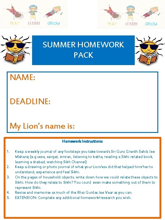 SUMMER HOMEWORK PACK NAME DEADLINE My Lions name
