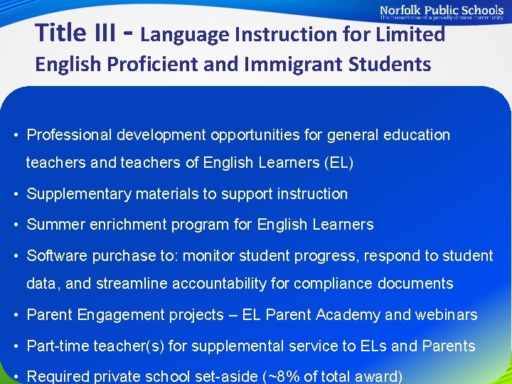 Norfolk Public Schools Application for Title II Title