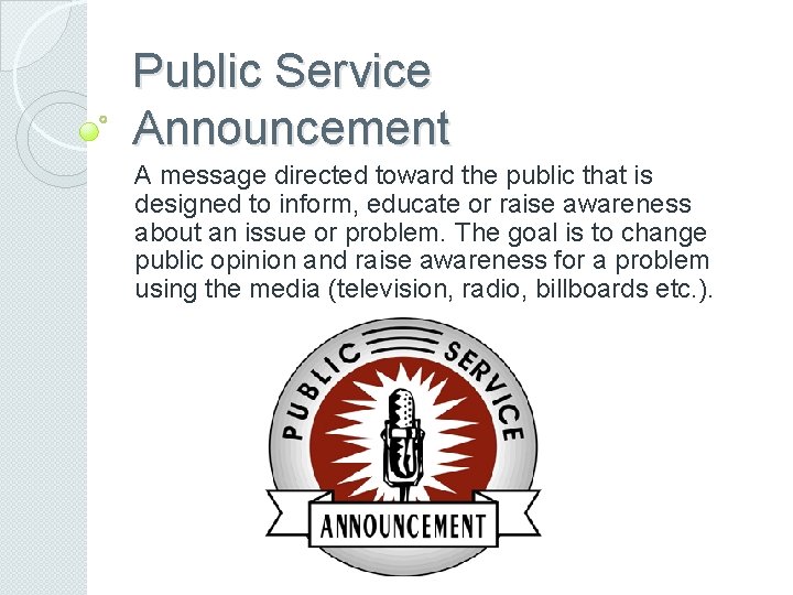 SSR Public Service Announcement A message directed toward