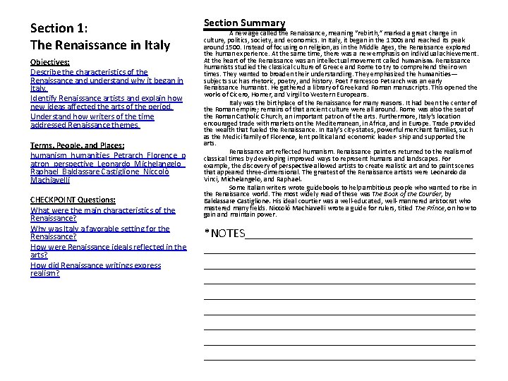 Section 1 The Renaissance in Italy Objectives Describe
