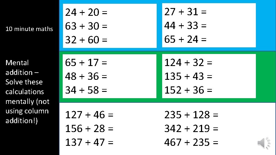 10 minute maths Mental addition Solve these calculations