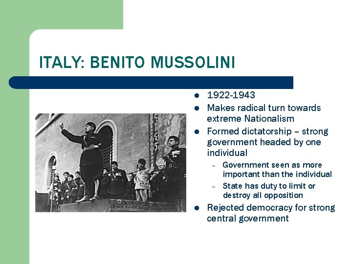 RISE OF DICTATORS PRE WORLD WAR II ITALY