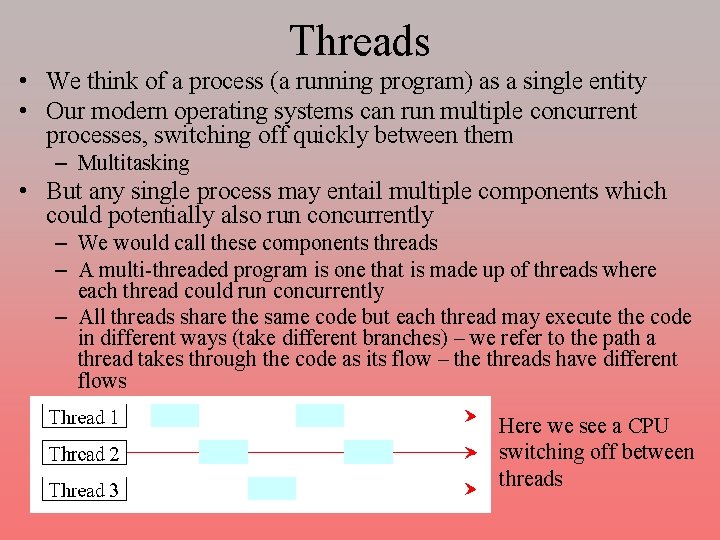 Threads We think of a process a running