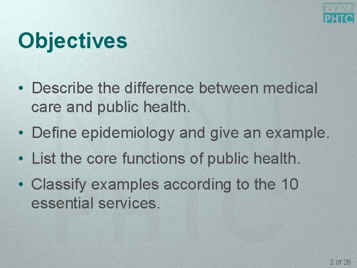 Modern Public Health Tools and Functions Objectives Describe