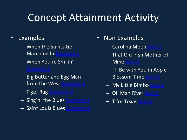 Concept Attainment Activity Examples When the Saints Go