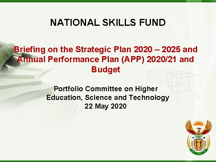 NATIONAL SKILLS FUND Briefing on the Strategic Plan
