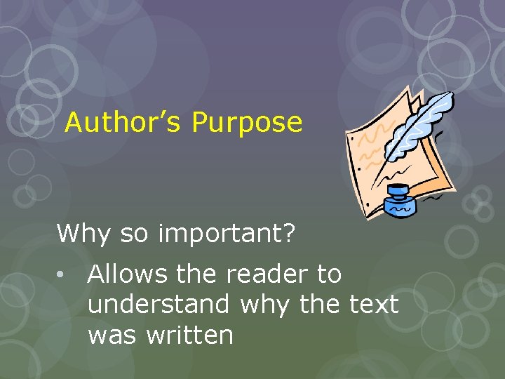 Authors Purpose Why so important Allows the reader