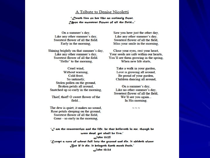 A Tribute to Denise Nicoletti 1963 2002 Monday
