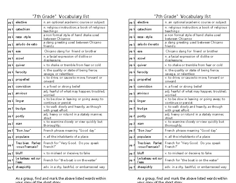 7 th Grade Vocabulary list pg 1 elective