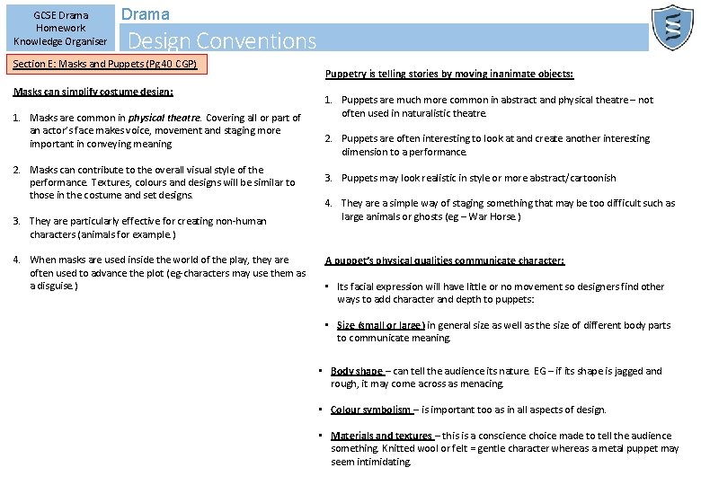 GCSE Drama Homework Knowledge Organiser Establishes location and