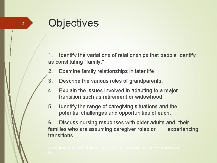 Chapter 24 Relationships Roles and Transitions 2 Objectives