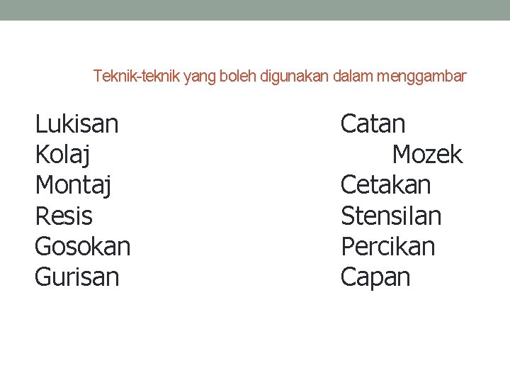 MENGGAMBAR Menggambar adalah satu daripada empat bidang kegiatan