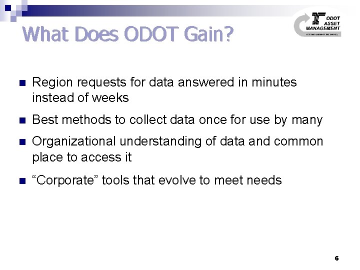 Asset Management Integration Section Overview Presentation for Roadway
