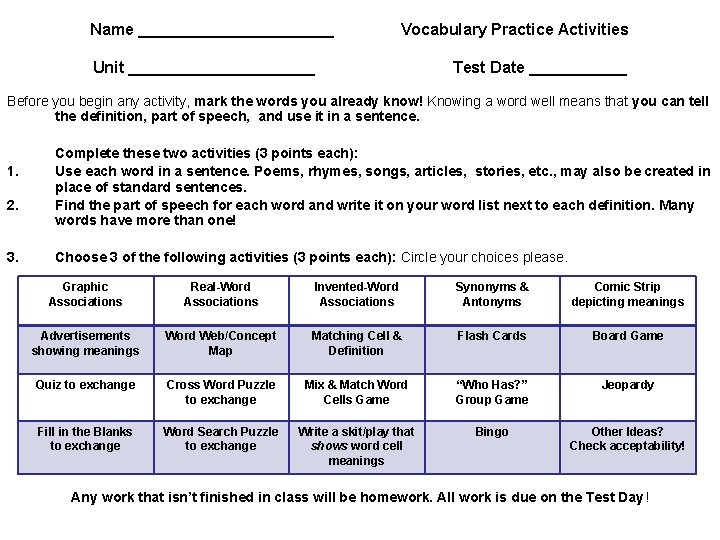 Name Vocabulary Practice Activities Unit Test Date Before