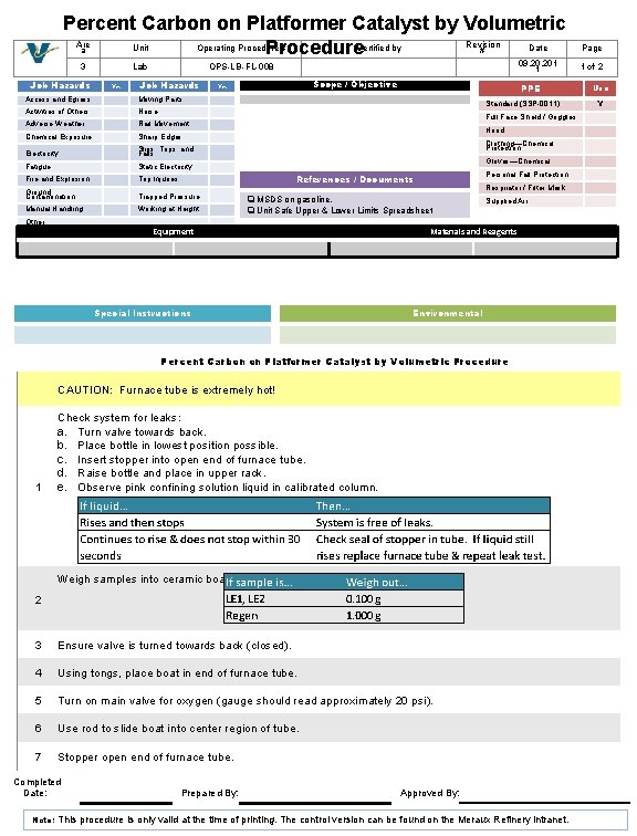 Percent Carbon on Platformer Catalyst by Volumetric Are