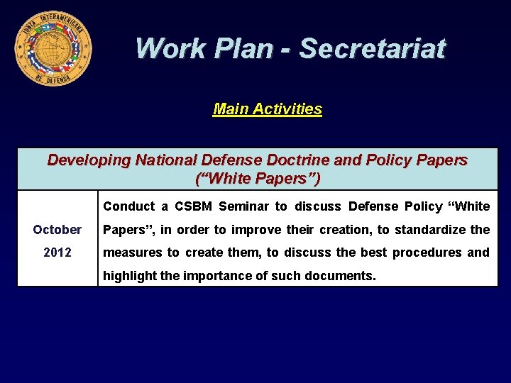 IADB Secretariat Work Plan 2012 2013 Secretariat Work