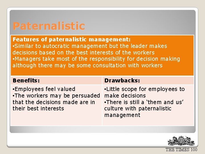 Management styles THE TIMES 100 Leadership and management