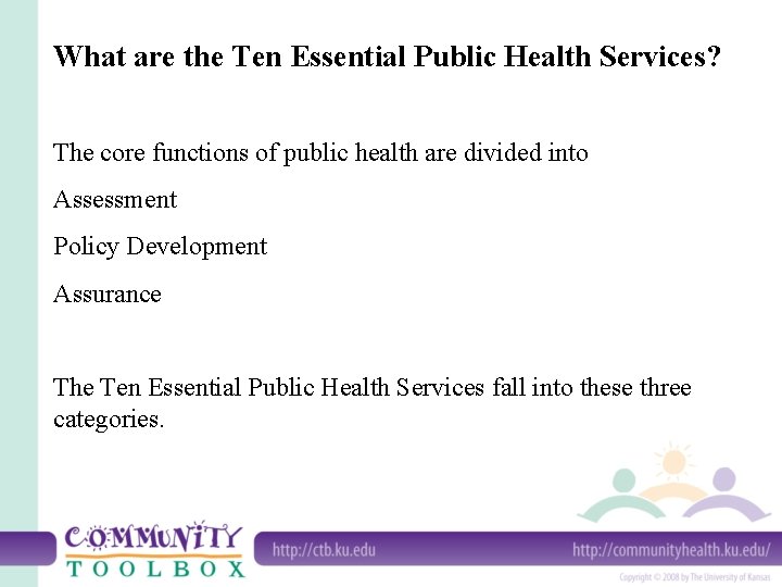 Ten Essential Public Health Services What is public