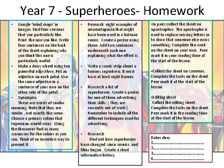 Year 7 Superheroes Homework Google mind maps in