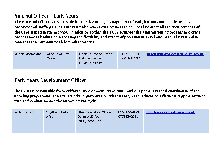Structure of the Early Years Service 2016 2017