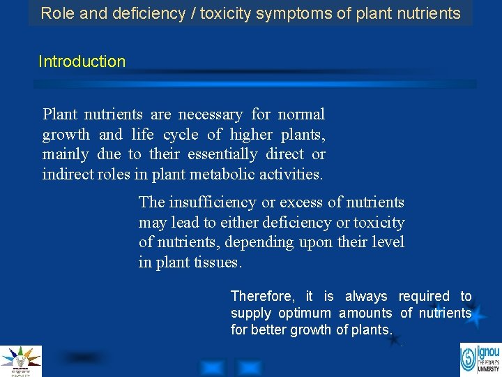 Role and deficiency toxicity symptoms of plant nutrients