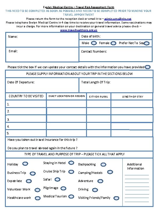 Evelyn Medical Centre Travel Risk Assessment Form THIS
