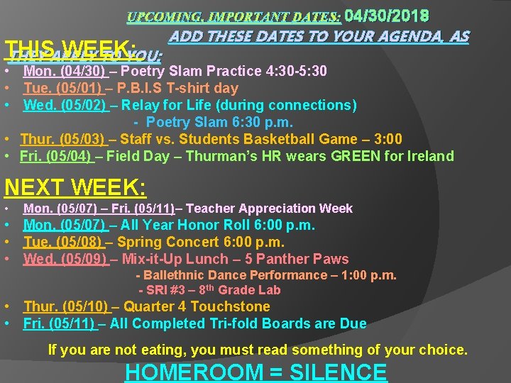 UPCOMING IMPORTANT DATES 04302018 THIS WEEK THEY APPLY