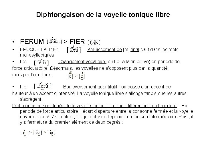 Diphtongaison de la voyelle tonique libre FERUM FIER