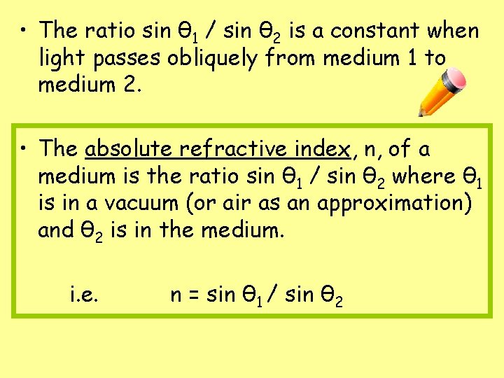 Key areas Absolute refractive index of a material