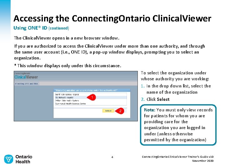 Connecting Ontario Clinical Viewer Training NOVEMBER 2020 Contents