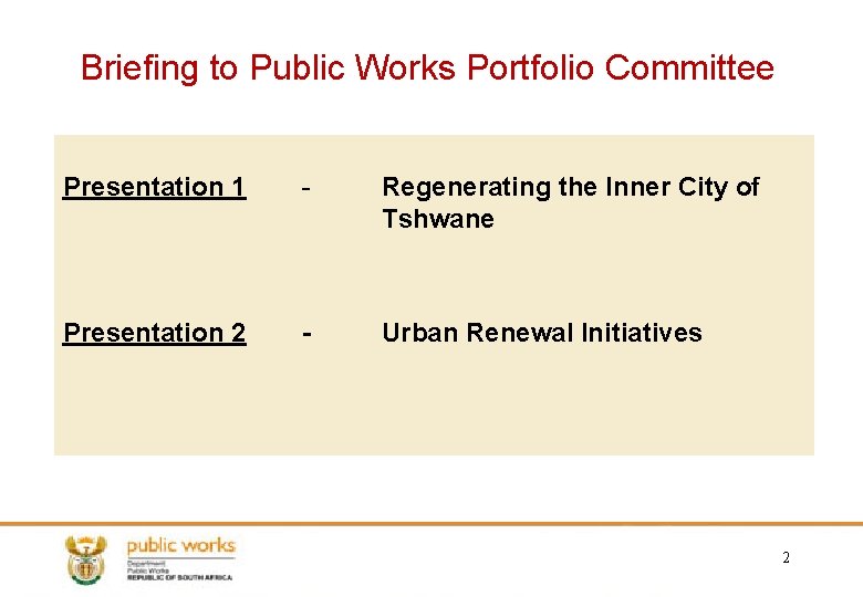 Briefing to Public Works Portfolio Committee Inner City