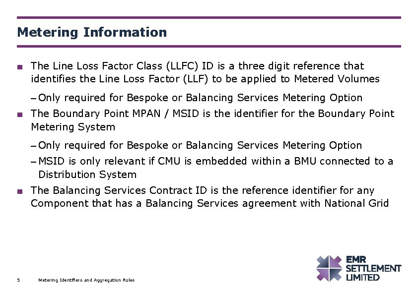 Public Metering Identifiers and Aggregation Rules EMR Metering