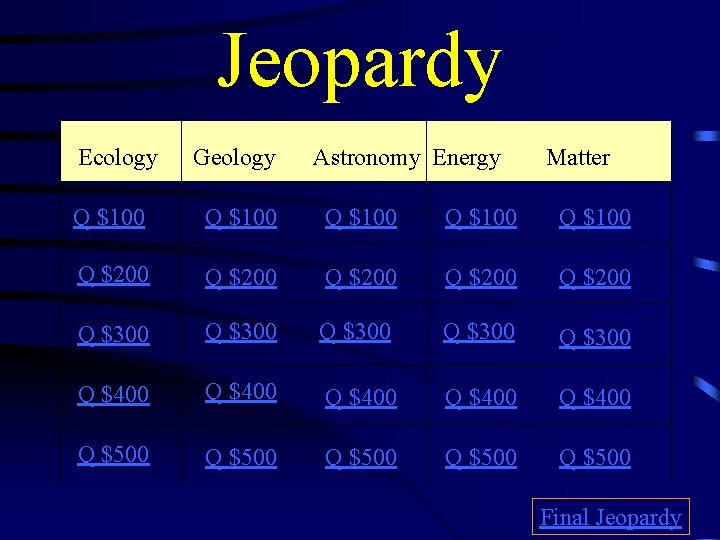 Jeopardy Ecology Geology Astronomy Energy Matter Q 100