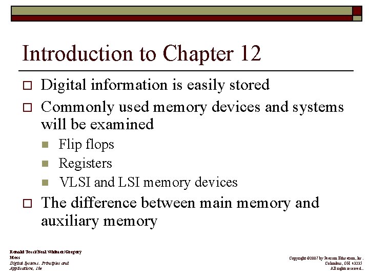 Introduction to Chapter 12 o o Digital information