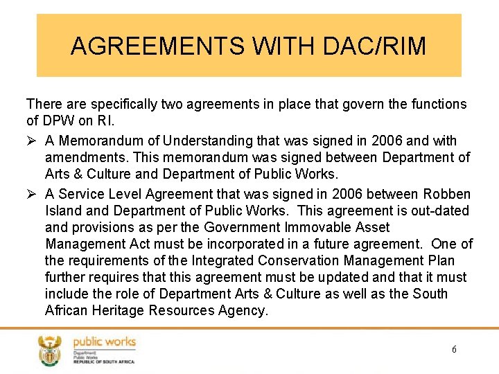 DEPARTMENT OF PUBLIC WORKS PRESENTATION TO THE PORTFOLIO