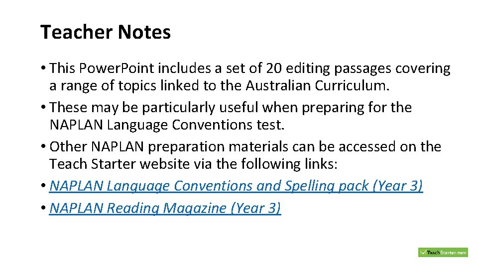 Teacher Notes This Power Point includes a set