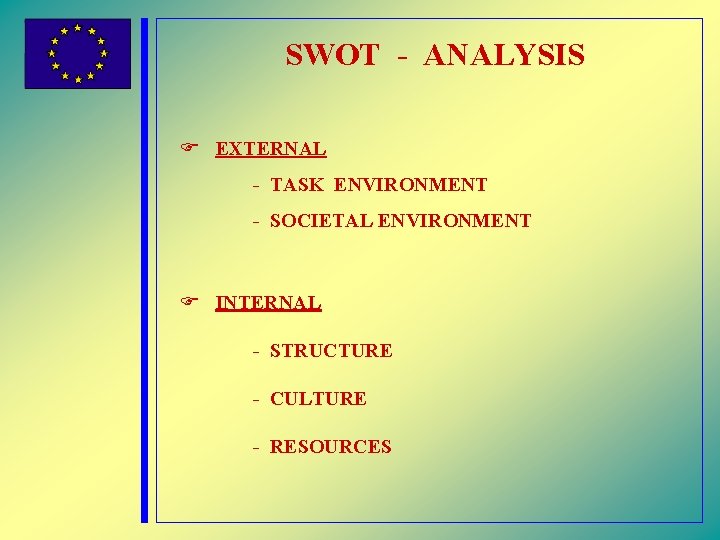 SWOT ANALYSIS STRENGTHS INTERNAL FACTORS WEAKNESSES OPPORTUNITIES THREATS