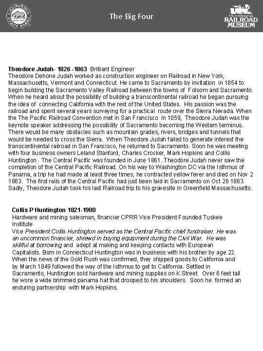 CALIFORNIA STATE RAILROAD MUSEUM HORSES TO HORSEPOWER Table
