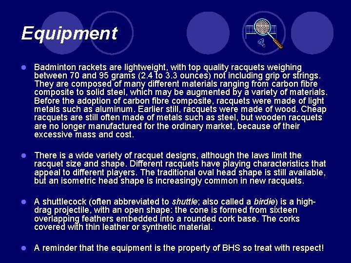 Badminton Study Guide for Barrington Physical Education Classes