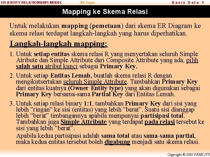 ER ENTITY RELATIONSHIP MODEL 3 th Topic Basis