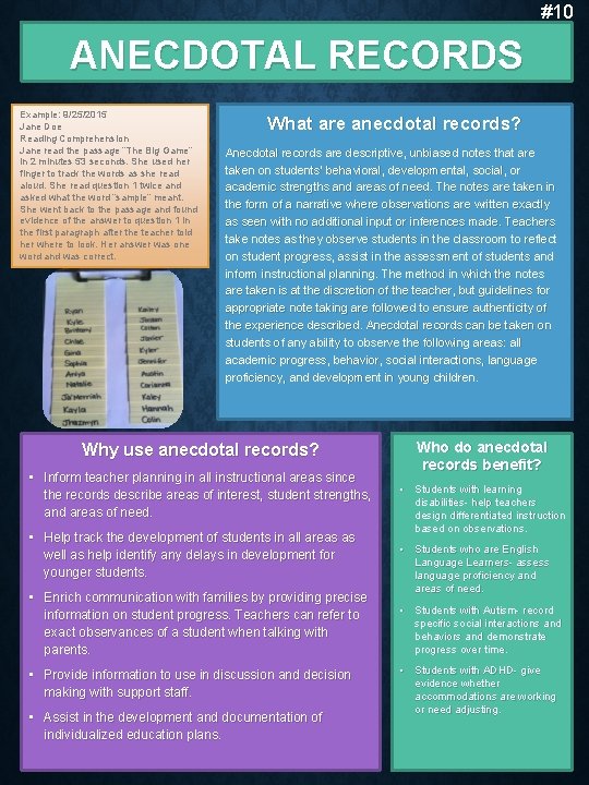 10 ANECDOTAL RECORDS Example 9252015 Jane Doe Reading