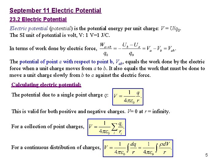 Chapter 23 Electric Potential September 10 Electric Potential