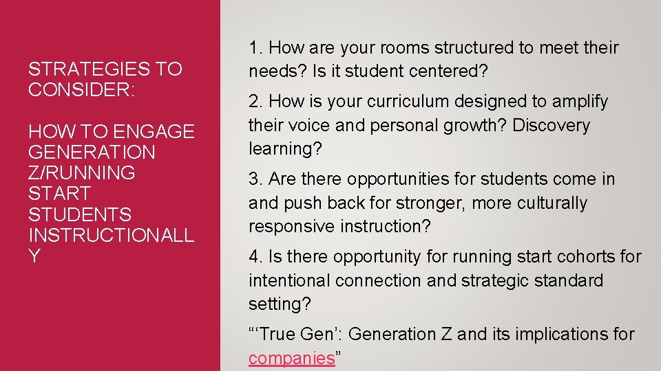 TEACHING AND LEARNING WITH GENERATION ZRUNNING START STUDENTS