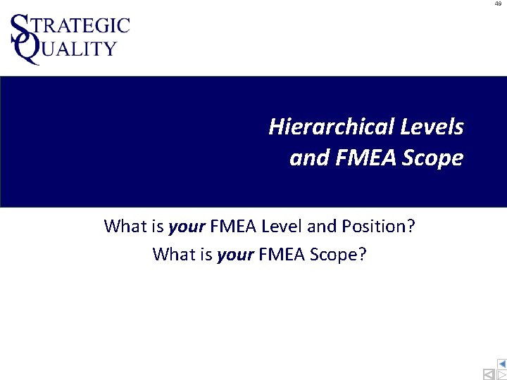 49 Hierarchical Levels and FMEA Scope What is